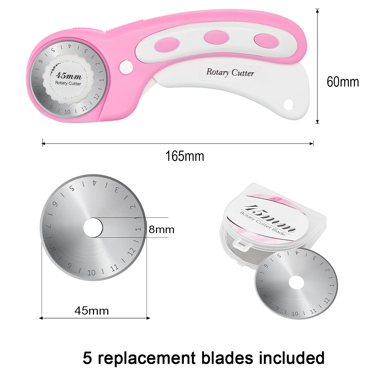 45mm Rotary Cutter with 5pcs Extra Blades, Ergonomic Handle Rolling Cutter with Safety Lock for Fabric, Leather, Crafting, Sewing, Quilting, Fabric Rotary Cutter Perfect for Left & Right Hand(Pink)