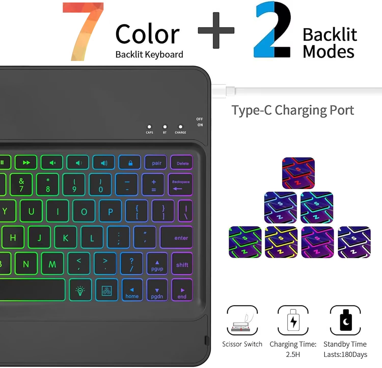 Keyboard Case for iPad 9th Generation,7 Color Backlight iPad Keyboard for 10.2-inch 9th /8th /7th /Air 3/Pro 10.5-inch,360° Rotatable Protective Cover with Apple Pencil Holder(Black)