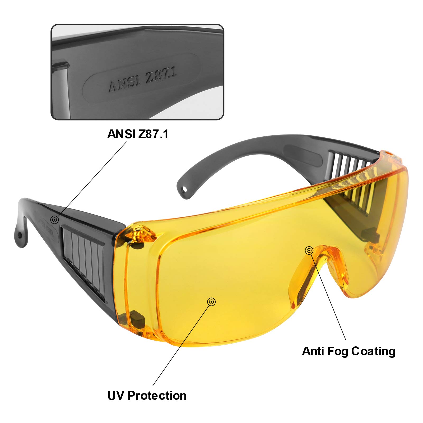 Shooting Glasses Over Eyeglasses, Anti Fog Eye Protection for Shooting Range Over Prescription Safety Glasses with Hard Case OTG,Yellow Tinted Lens