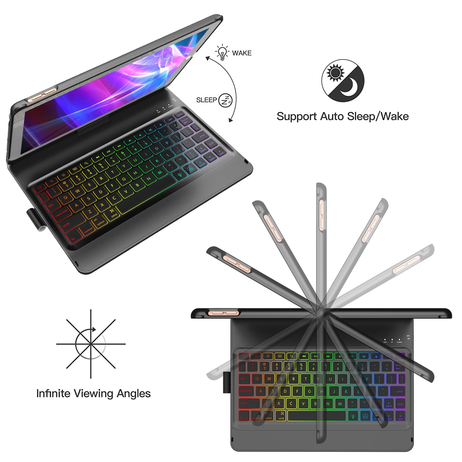 Keyboard Case for iPad 9th Generation,7 Color Backlight iPad Keyboard for 10.2-inch 9th /8th /7th /Air 3/Pro 10.5-inch,360° Rotatable Protective Cover with Apple Pencil Holder(Black)
