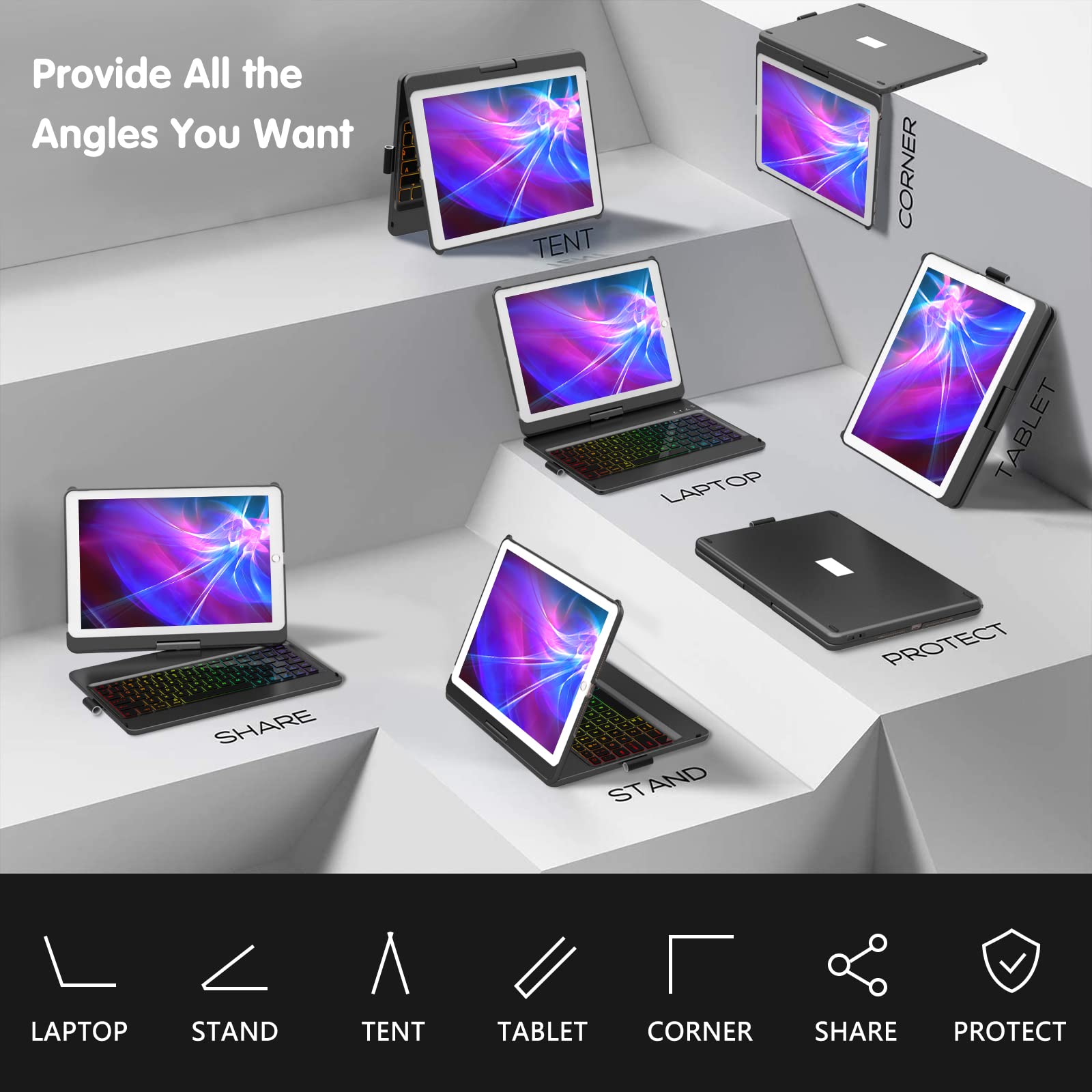 Keyboard Case for iPad 9th Generation,7 Color Backlight iPad Keyboard for 10.2-inch 9th /8th /7th /Air 3/Pro 10.5-inch,360° Rotatable Protective Cover with Apple Pencil Holder(Black)