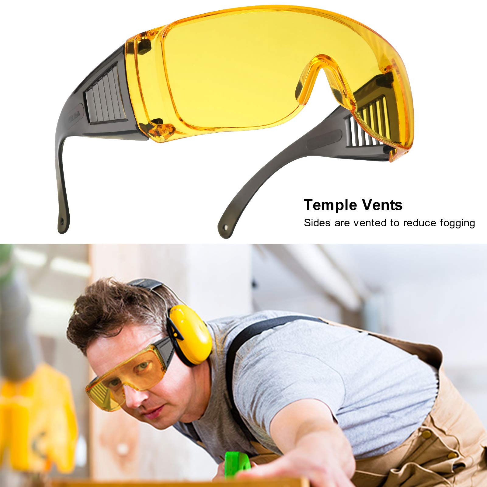 Shooting Glasses Over Eyeglasses, Anti Fog Eye Protection for Shooting Range Over Prescription Safety Glasses with Hard Case OTG,Yellow Tinted Lens