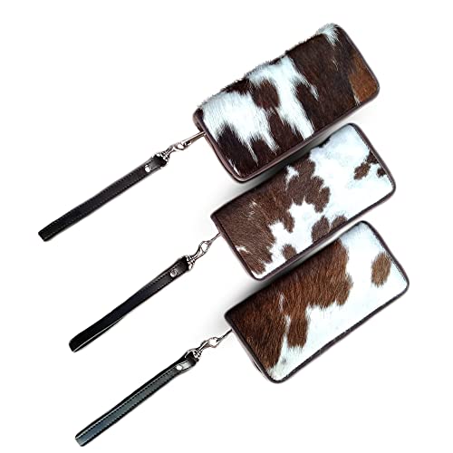 Real Cowhide Wallet for Women Slim Wallet Bifold Tricolor Brown Leather Zipper Clutch Purse Cow Fur Purse Wallet Wristlet - Gifts for Her