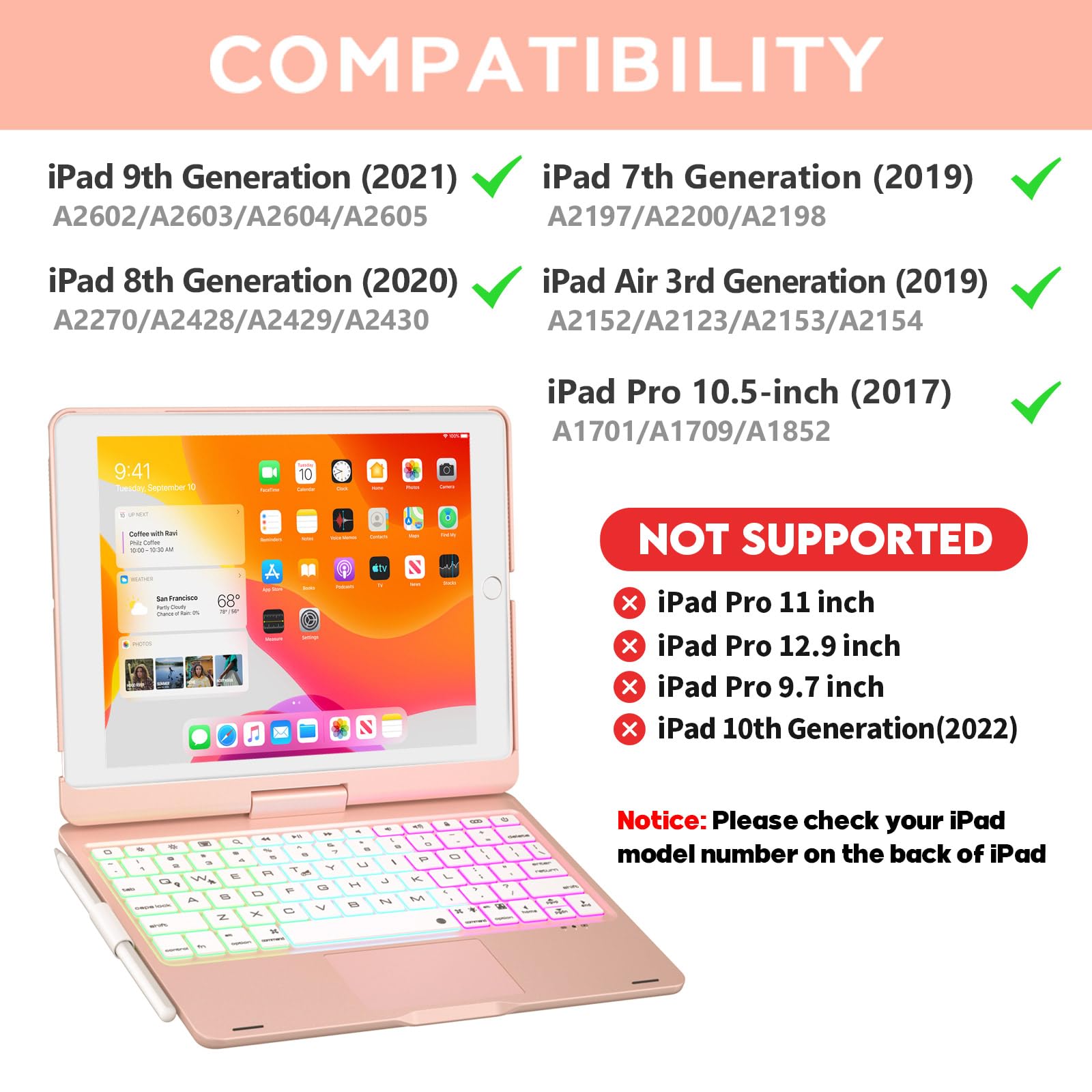 NOKBABO iPad 9th Generation Case with Keyboard, 360° Rotatable Touchpad and 7 Color Backlight & Pencil Holder for iPad 9th/8th/7th Gen 10.2 inch & iPad Air 3rd Gen/iPad Pro 10.5 inch - Rose Gold
