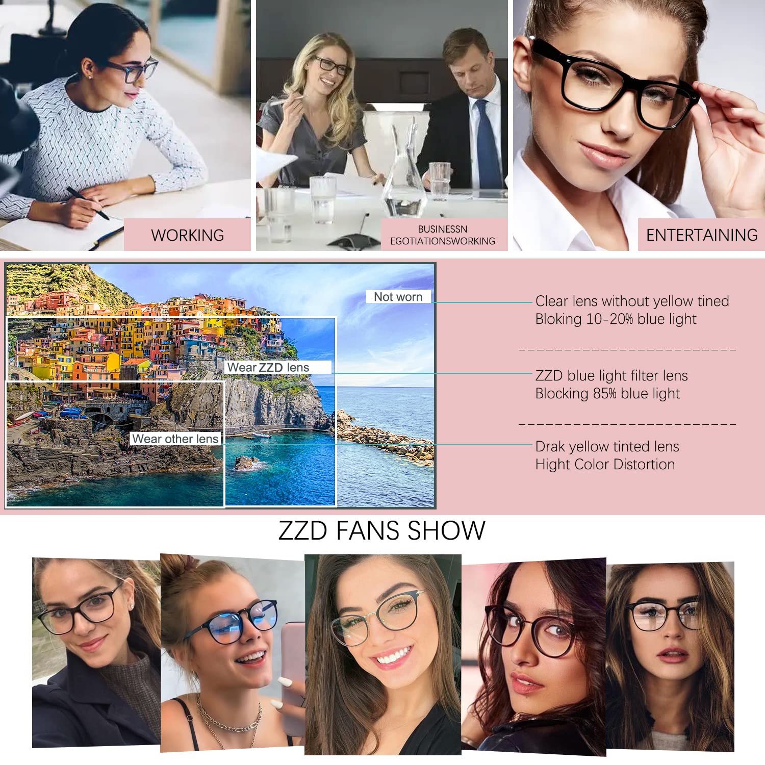 HEALSUN Blue Light Blocking Glasses for women/men 3Pack Computer Reading/Gaming/TV/Phones Glasses Anti Eyestrain (Black + Transparent+pink)