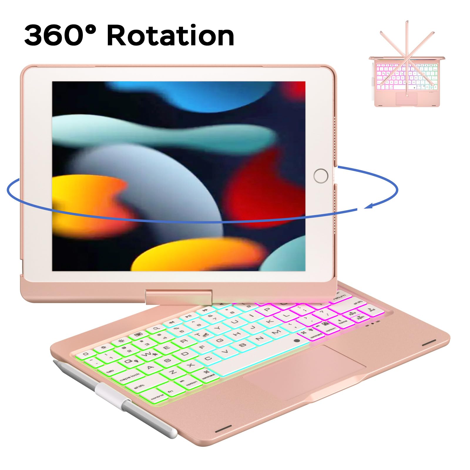NOKBABO iPad 9th Generation Case with Keyboard, 360° Rotatable Touchpad and 7 Color Backlight & Pencil Holder for iPad 9th/8th/7th Gen 10.2 inch & iPad Air 3rd Gen/iPad Pro 10.5 inch - Rose Gold