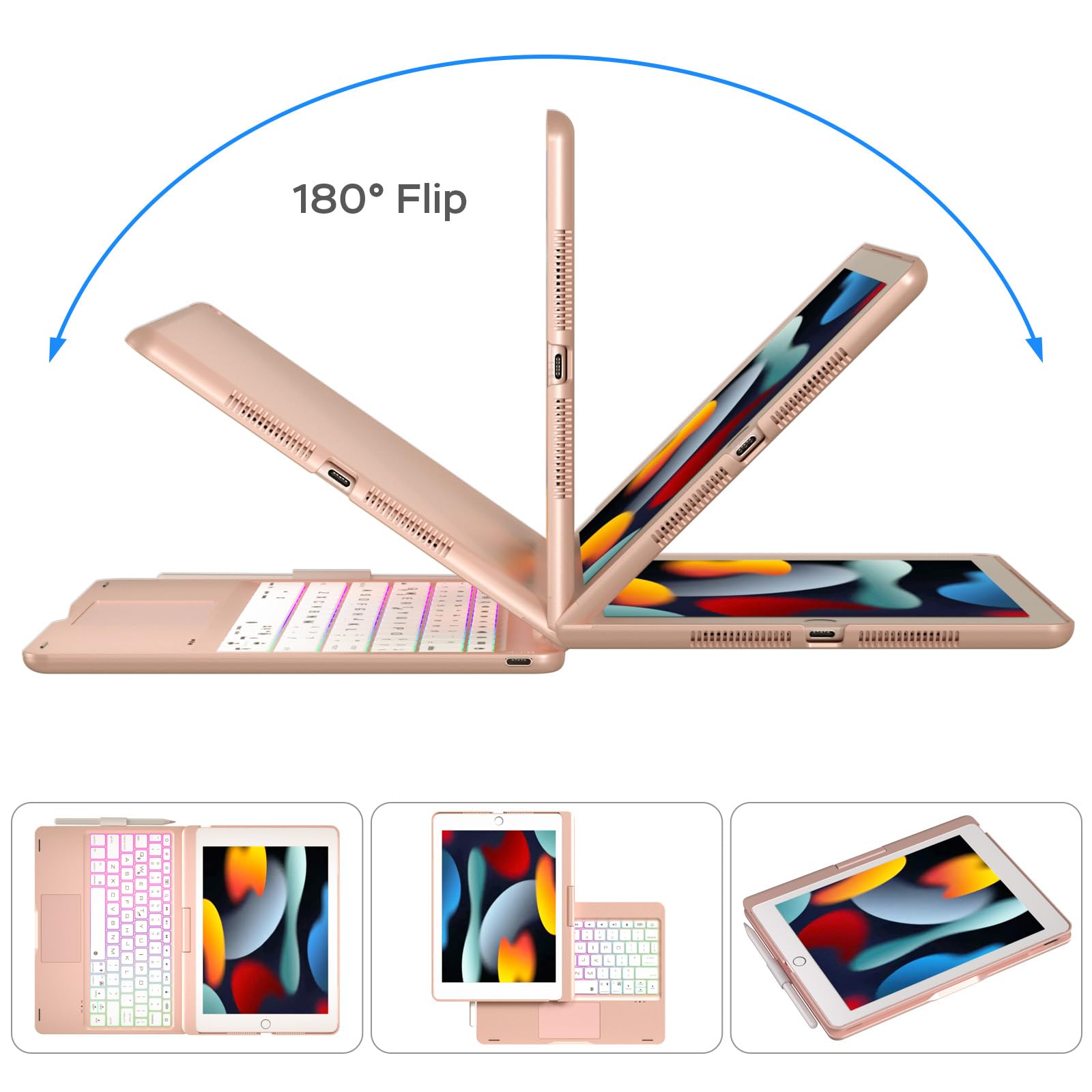NOKBABO iPad 9th Generation Case with Keyboard, 360° Rotatable Touchpad and 7 Color Backlight & Pencil Holder for iPad 9th/8th/7th Gen 10.2 inch & iPad Air 3rd Gen/iPad Pro 10.5 inch - Rose Gold