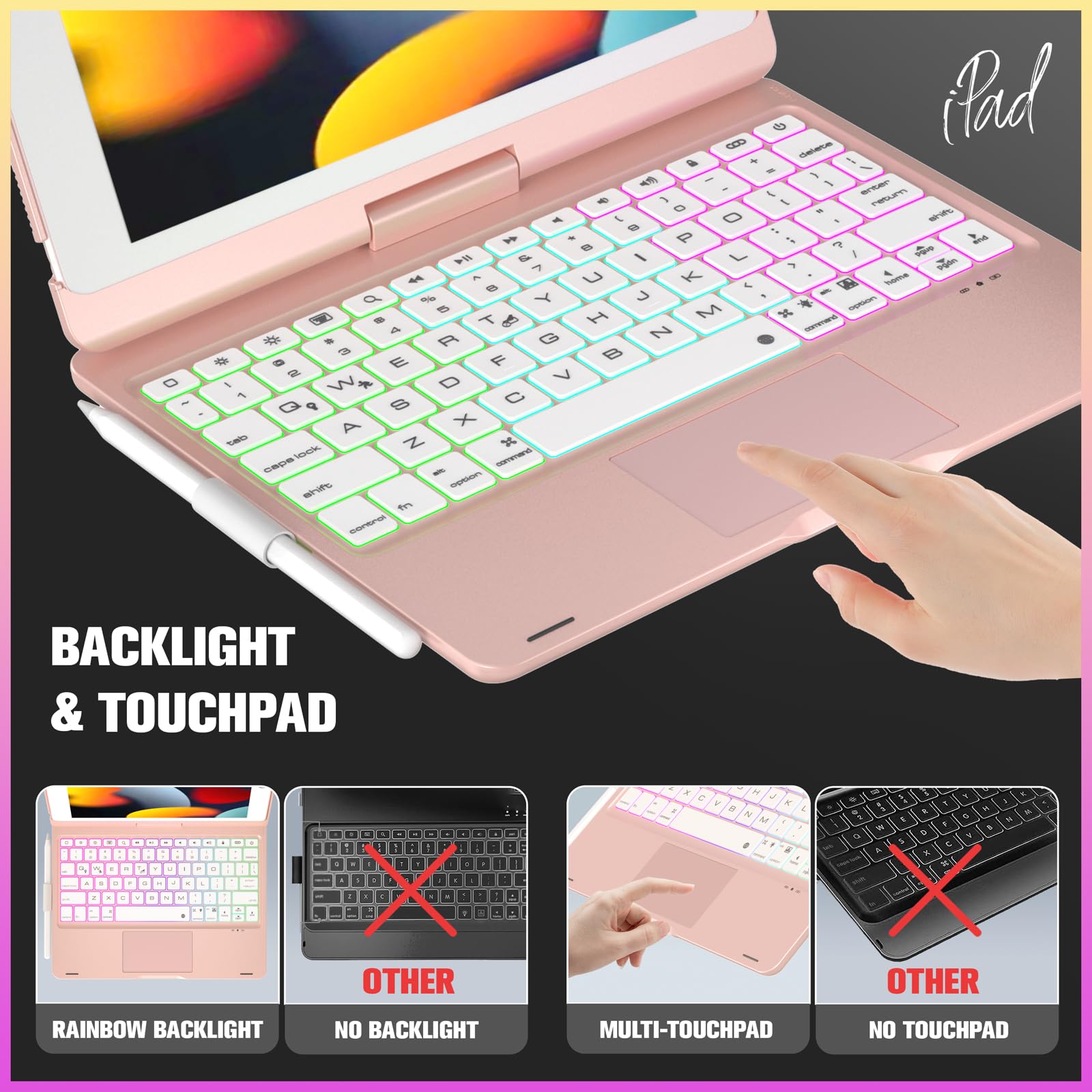 NOKBABO iPad 9th Generation Case with Keyboard, 360° Rotatable Touchpad and 7 Color Backlight & Pencil Holder for iPad 9th/8th/7th Gen 10.2 inch & iPad Air 3rd Gen/iPad Pro 10.5 inch - Rose Gold