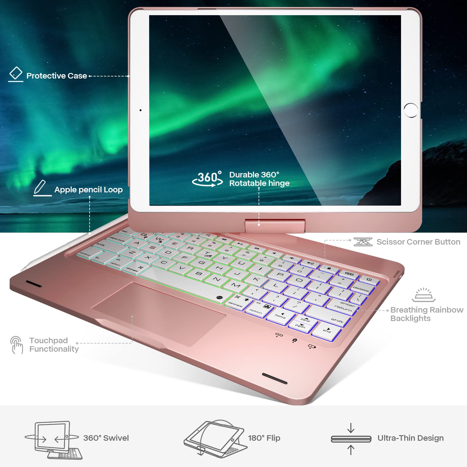 NOKBABO iPad 9th Generation Case with Keyboard, 360° Rotatable Touchpad and 7 Color Backlight & Pencil Holder for iPad 9th/8th/7th Gen 10.2 inch & iPad Air 3rd Gen/iPad Pro 10.5 inch - Rose Gold