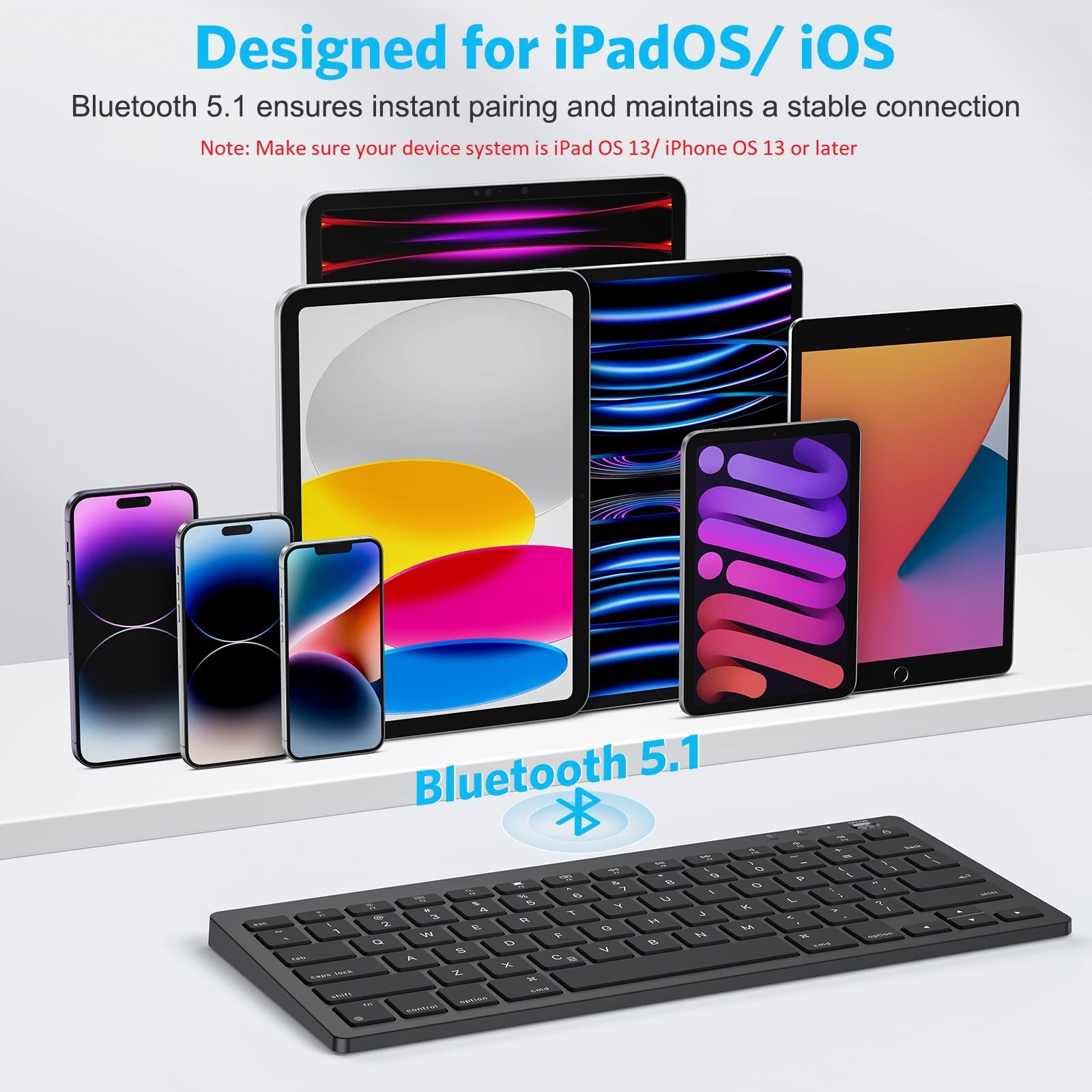 Emetok for iPad Keyboard [Aluminum Base, Big Keycap, Rechargeable], Ultra Slim Bluetooth 5.1 Keyboard for iPad 10th/9th/8th, iPad Pro 11/12.9, iPad Air/Mini/iPhone, Black