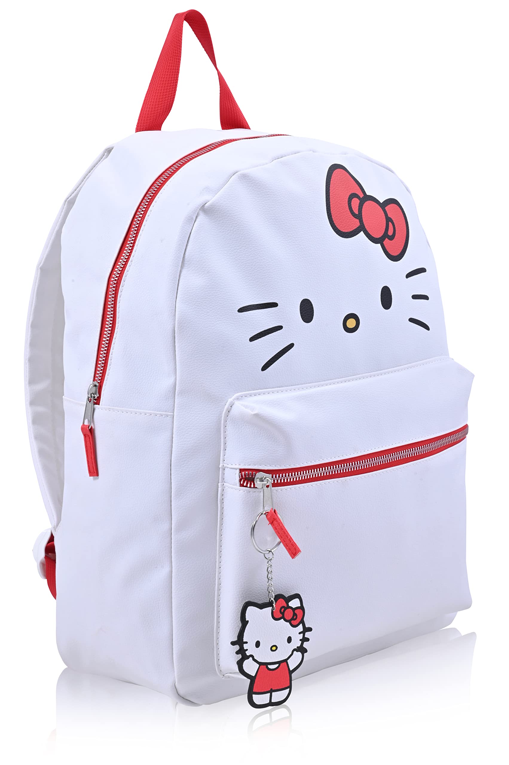 Hello Kitty Womens Backpack Large Faux Leather Bookbag Double Strap Shoulder Bag with 3D Design and Keychain (White-Red)