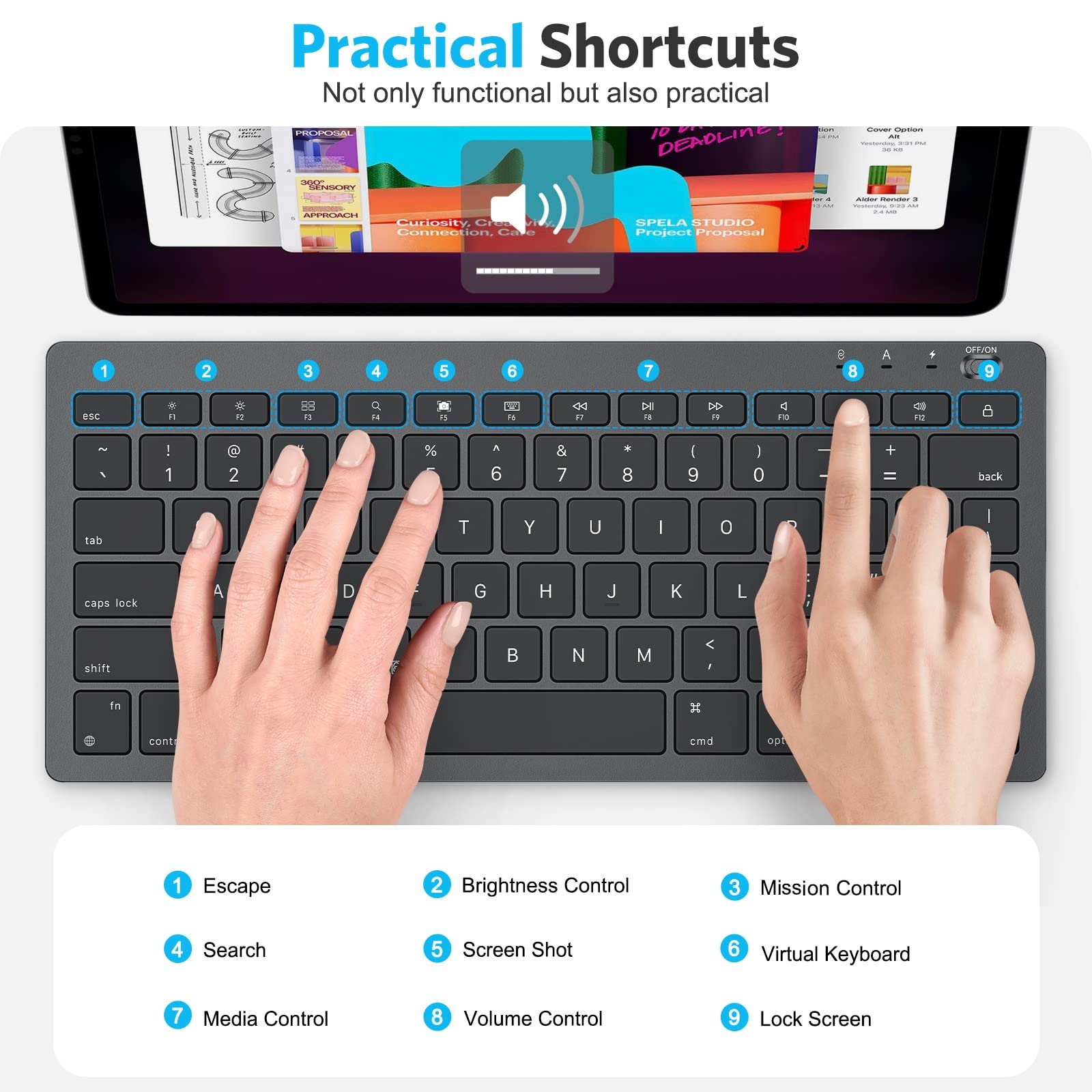 Emetok for iPad Keyboard [Aluminum Base, Big Keycap, Rechargeable], Ultra Slim Bluetooth 5.1 Keyboard for iPad 10th/9th/8th, iPad Pro 11/12.9, iPad Air/Mini/iPhone, Black