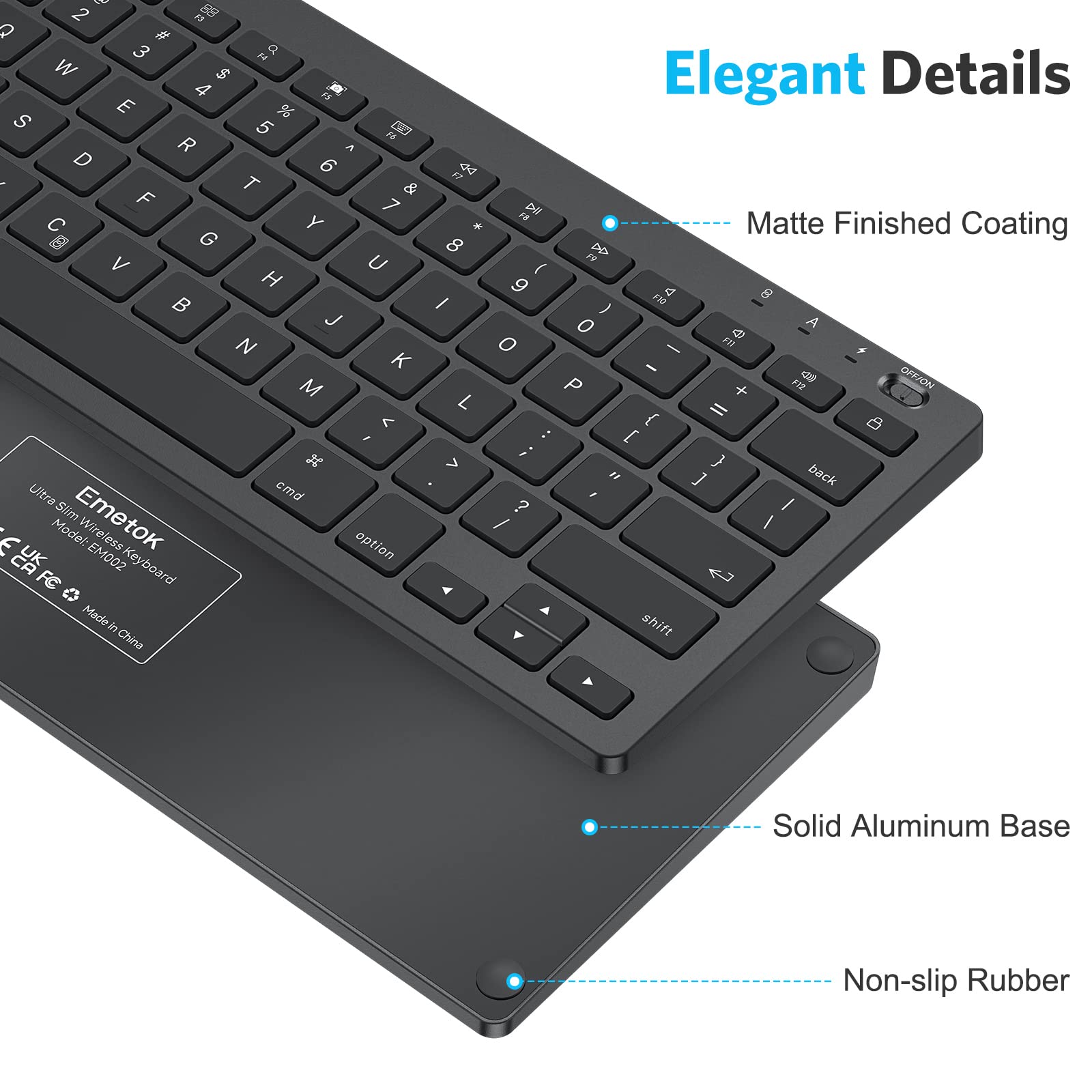 Emetok for iPad Keyboard [Aluminum Base, Big Keycap, Rechargeable], Ultra Slim Bluetooth 5.1 Keyboard for iPad 10th/9th/8th, iPad Pro 11/12.9, iPad Air/Mini/iPhone, Black