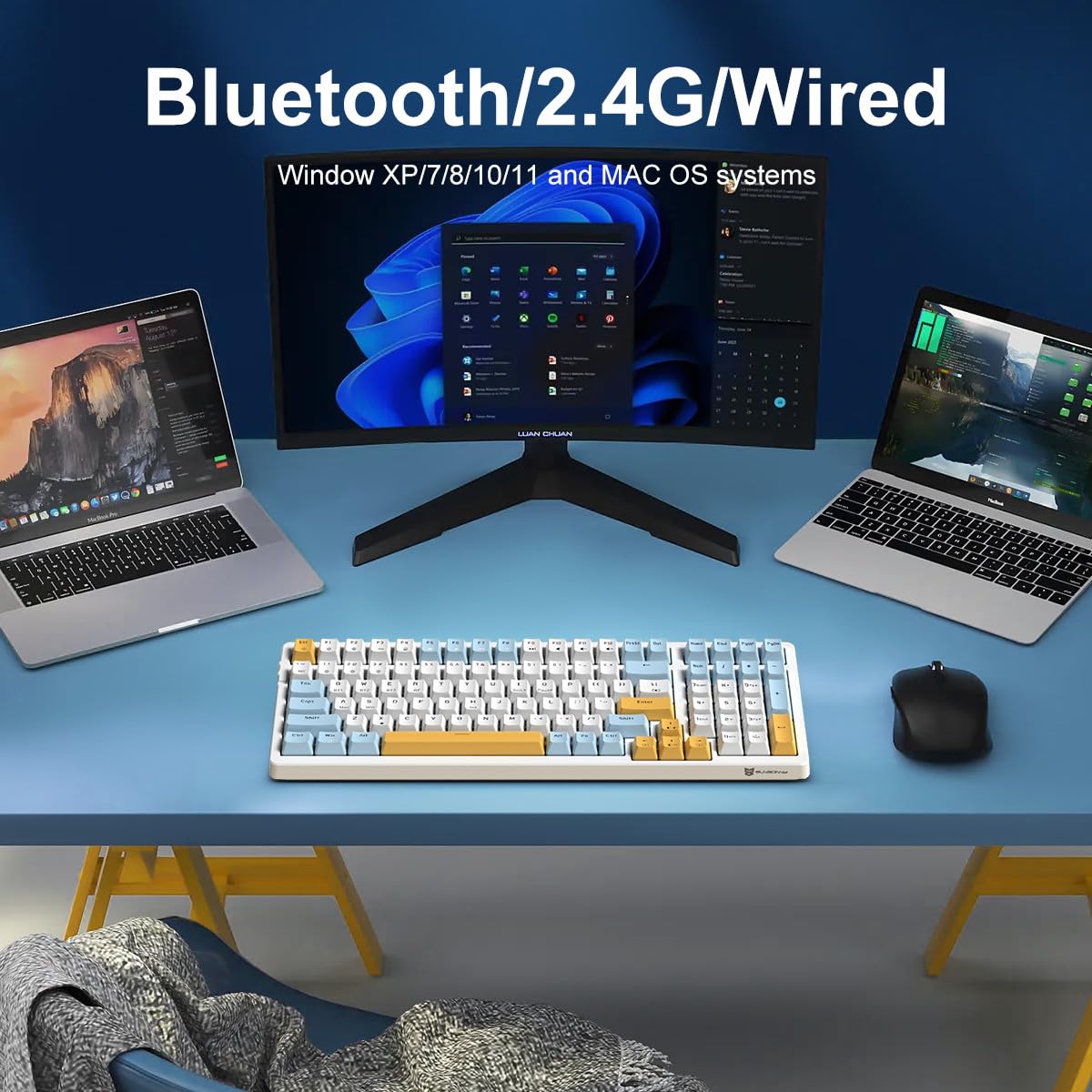 Merdia Wireless Mechanical Keyboard, Triple Mode 2.4G/USB-C/BT Gaming Keyboard 100 Keys Ice-Blue Backlit Brown Switch Keyboard | Rechargeable Keyboard | Mechanical Gaming Keyboard | Ice Blue/W/Y
