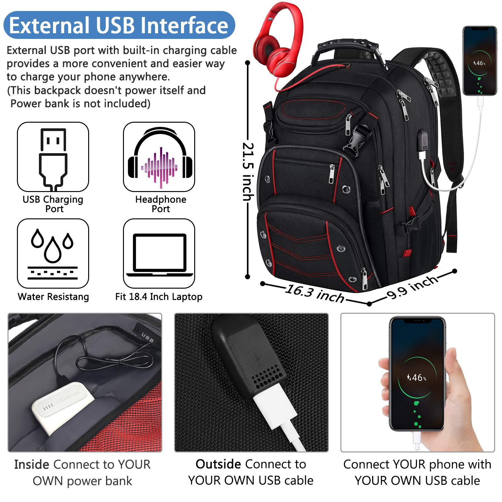 VECKUSON Large 18.4 Inch Laptop Backpack with USB Charger Port, TSA Friendly Flight Approved and RFID Anti-Theft Pocket, Red
