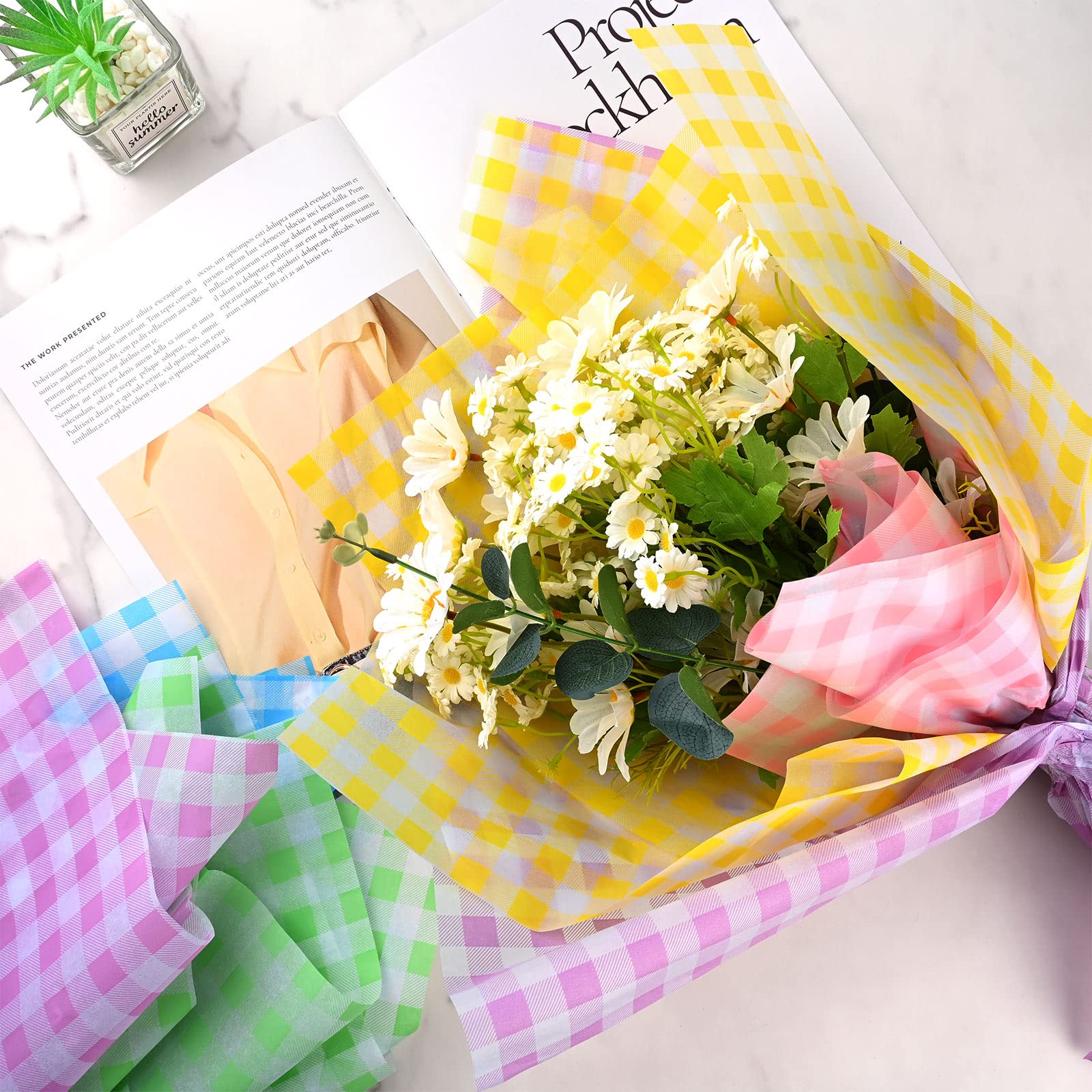 Bolsome 50 Sheets Spring Pastel Tissue Paper Buffalo Plaid Wrapping Paper Pink Yellow Blue Green Purple Gift Tissue Paper for Home DIY Gift Bags Spring Easter Birthday Decoration, 20 x 30inch