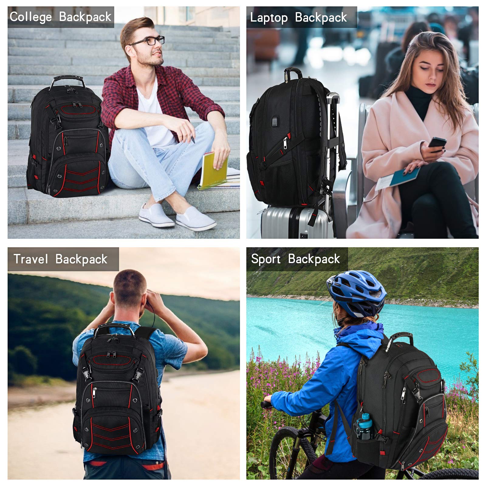 VECKUSON Large 18.4 Inch Laptop Backpack with USB Charger Port, TSA Friendly Flight Approved and RFID Anti-Theft Pocket, Red