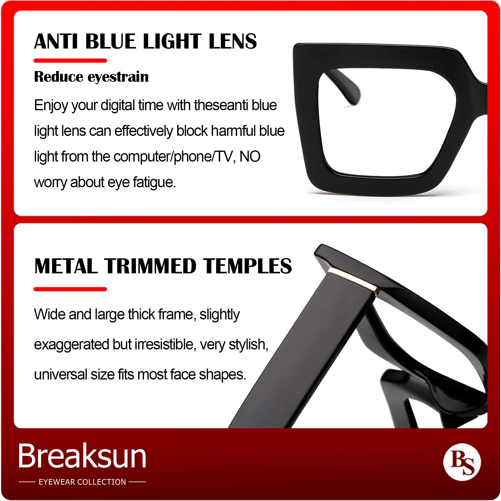 Breaksun Oversized Blue Light Glasses for Women Fashion Thick Square Computer Eyewear Non-Prescription Black Glasses (New Black+ Brown Orange)
