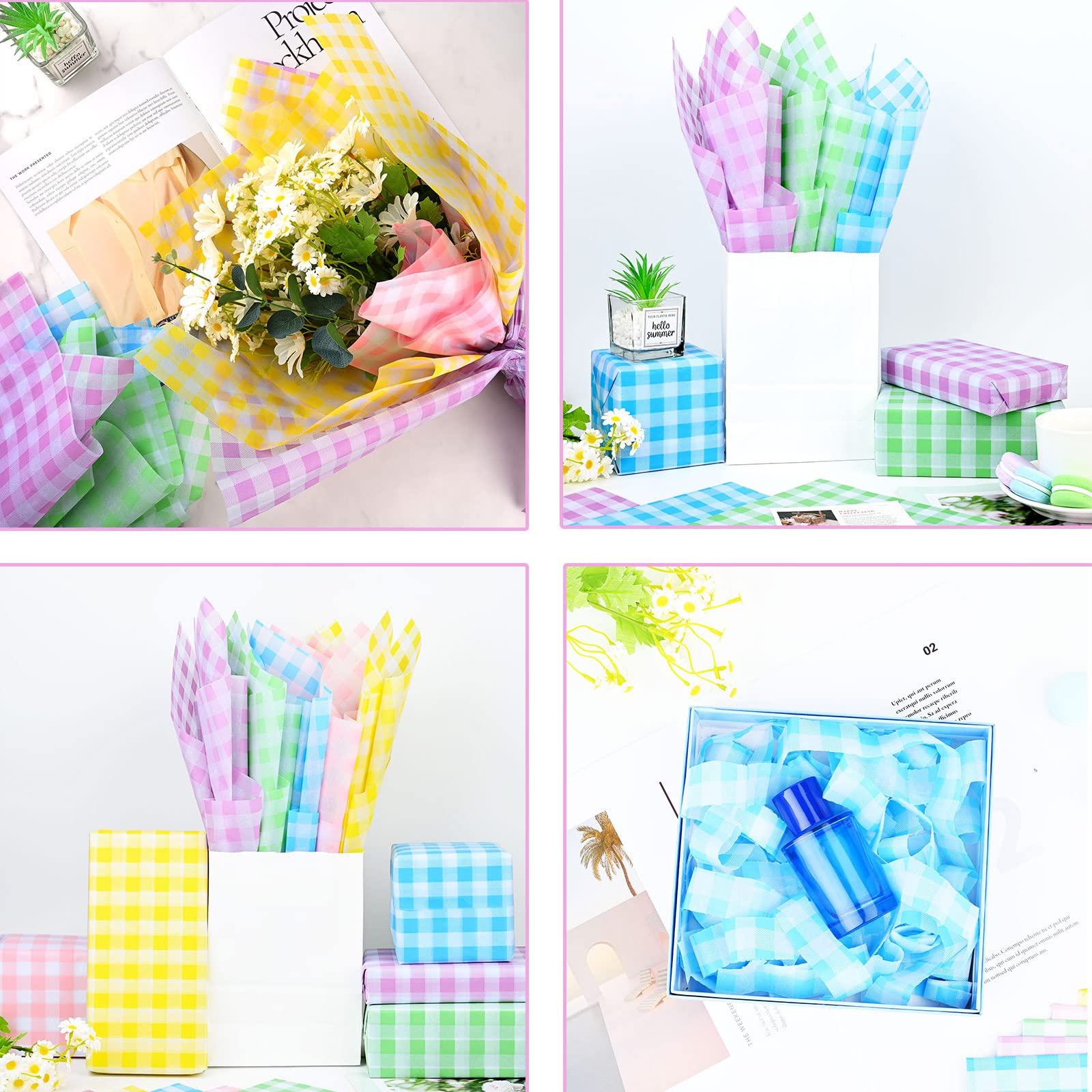 Bolsome 50 Sheets Spring Pastel Tissue Paper Buffalo Plaid Wrapping Paper Pink Yellow Blue Green Purple Gift Tissue Paper for Home DIY Gift Bags Spring Easter Birthday Decoration, 20 x 30inch
