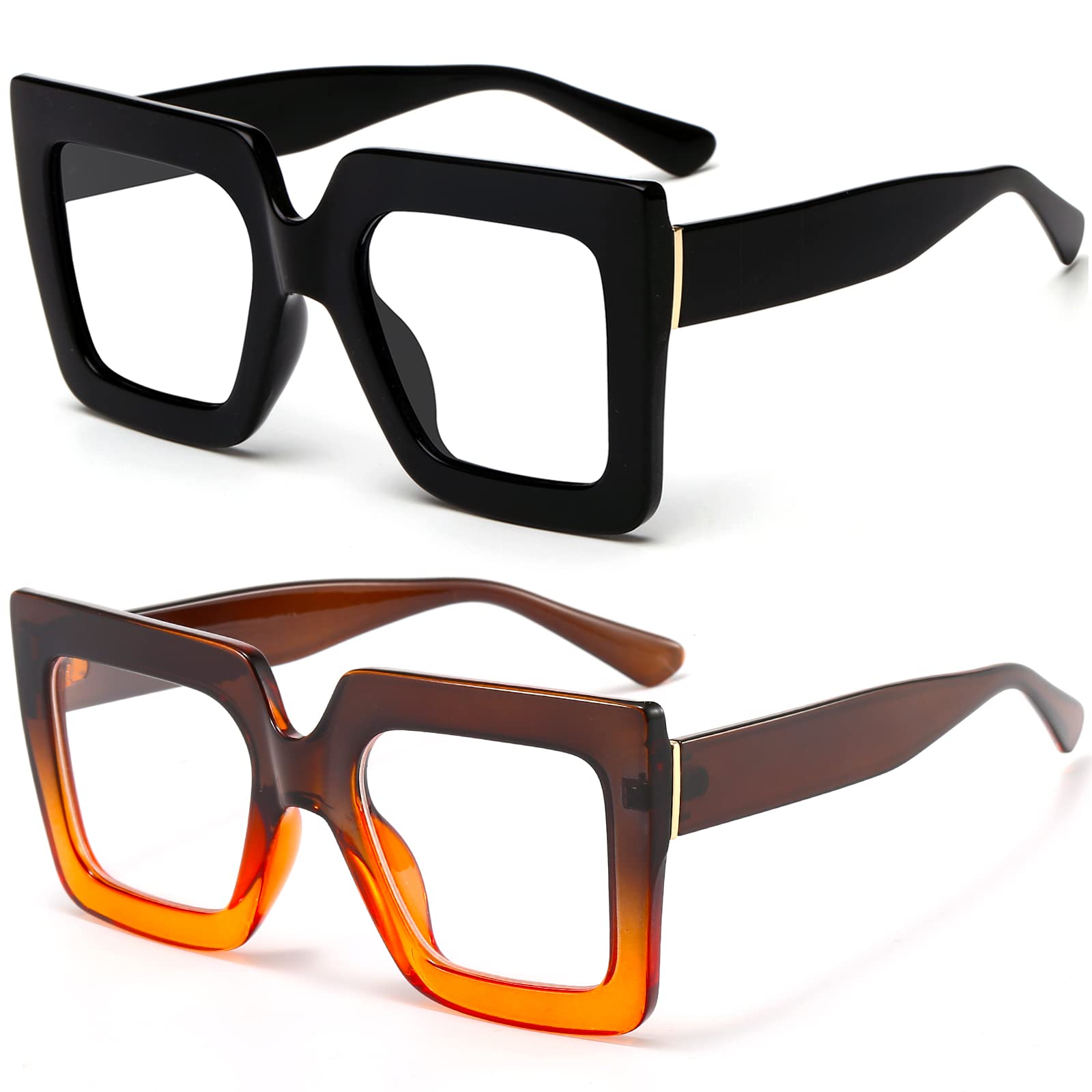 Breaksun Oversized Blue Light Glasses for Women Fashion Thick Square Computer Eyewear Non-Prescription Black Glasses (New Black+ Brown Orange)