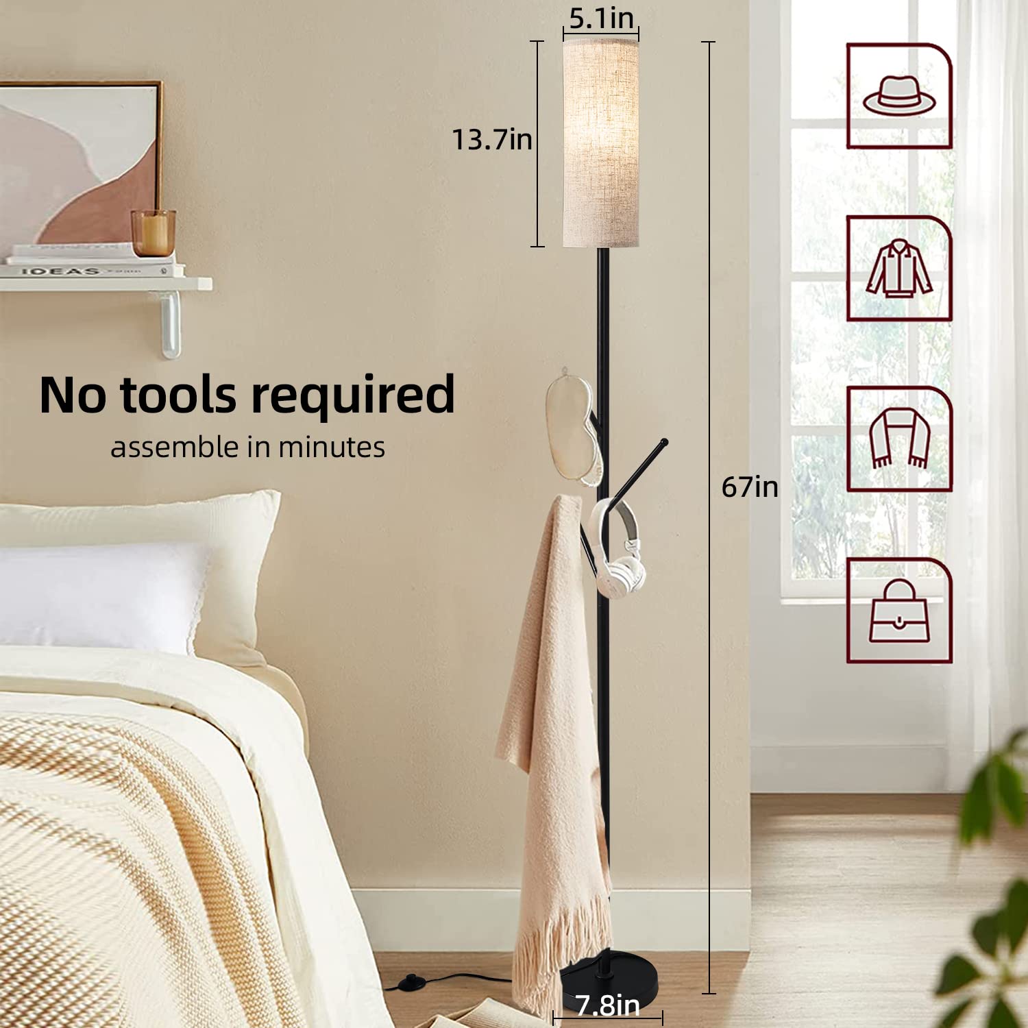 Floor Lamps with Coat Rack, Standing Lamp with Hanger Simple Design,Modern Floor Lamp with Shade Pedal Switch and Remote Control Smart LED RGB Bulb Included for offic;Bedroom;Living Room.