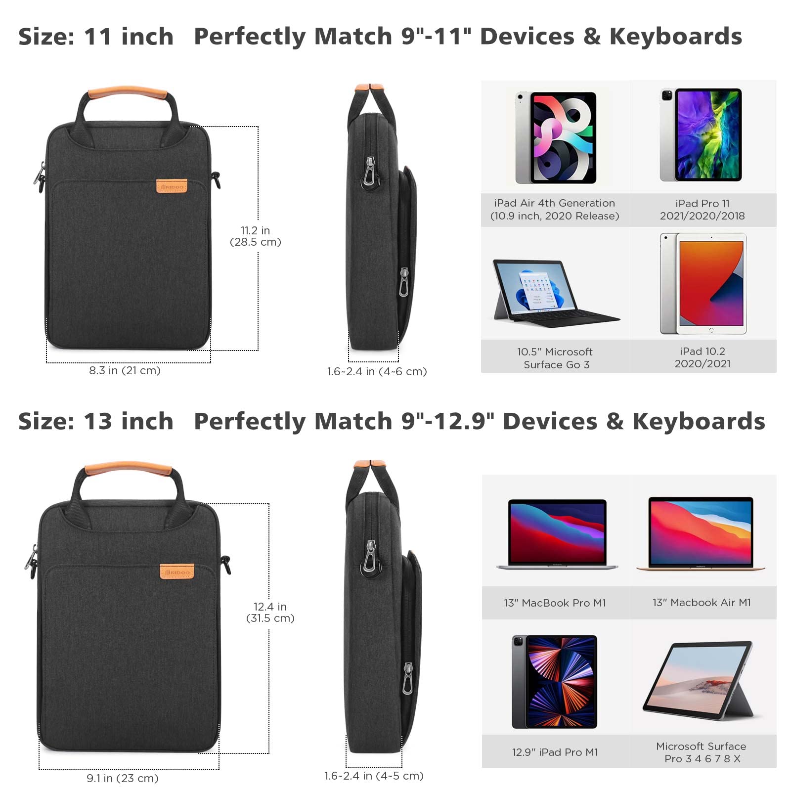 NIDOO Tablet Shoulder Bag 10 inch for 11" iPad Pro M4 M2 / 11" 10.5" 10.9" iPad Air M2/ 10.9" iPad 10 9 8, Laptop Sleeve Computer Carrying Case for 10" Surface Go 3/ Samsung Galaxy Tab A8/10.6" Lenovo
