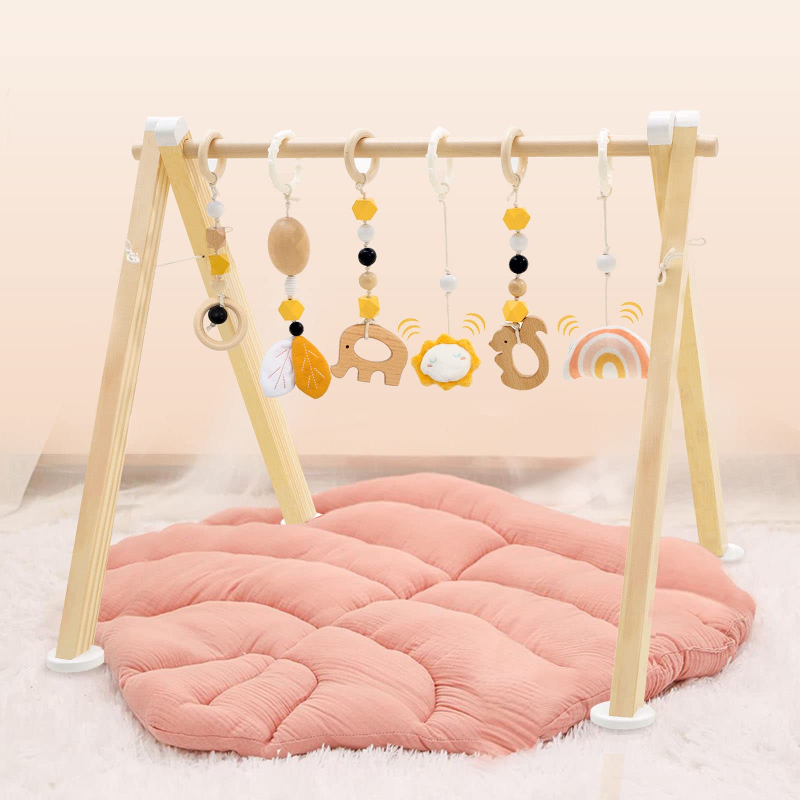 Frogprin Wooden Baby Gym with 6 Hanging Toys, Foldable Wooden Play Gym for Babies 0-12 Month, Baby Play Gym Frame Activity Gym Hanging Bar Newborn Gift Baby Girl and Boy Gym (Natural Pine Wood)