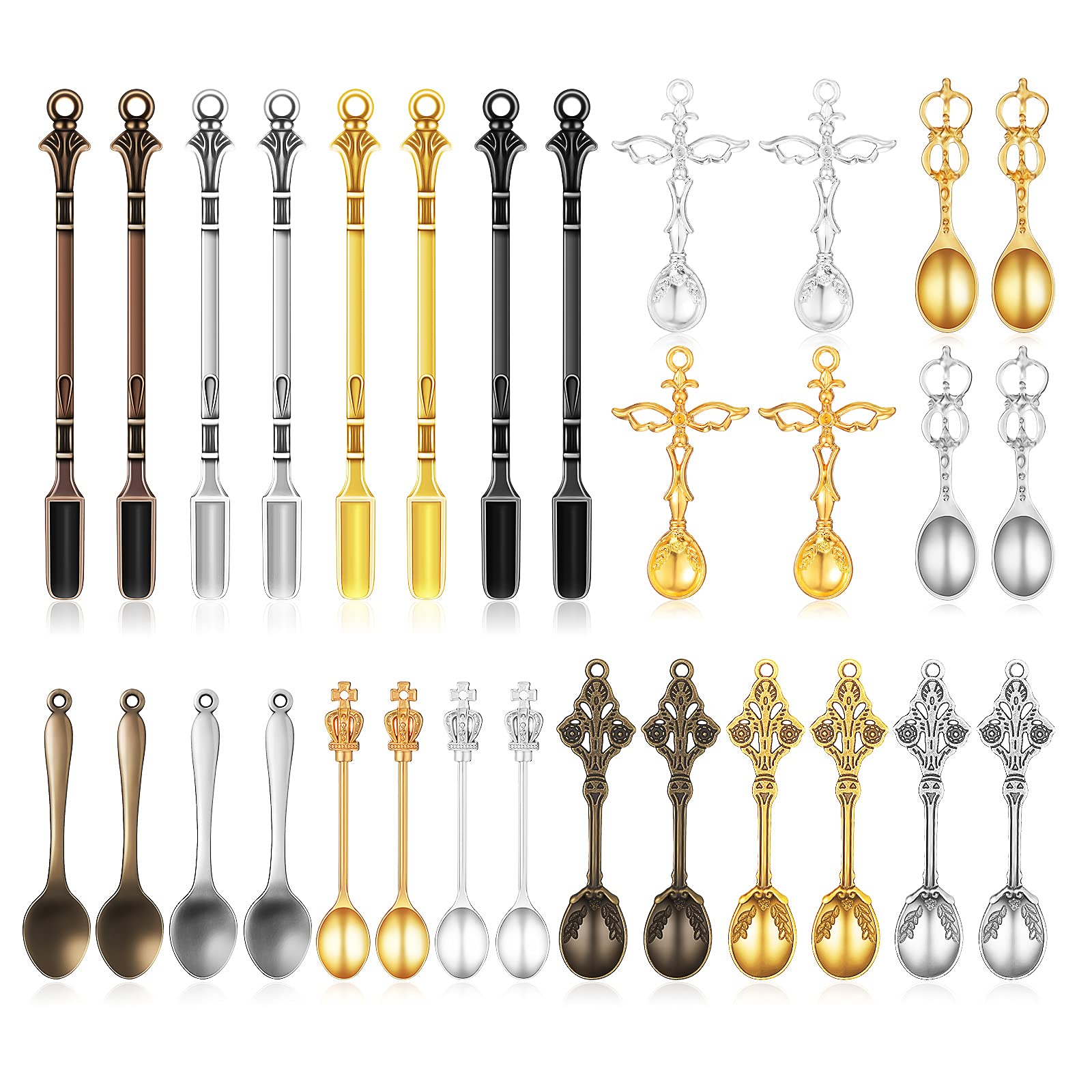30 Pieces Mini Shovel Medicine Spoon, Mini Shovel Tableware Charm Pendants and Micro Scoops Pendants Alloy Spoon Pendant Charms for Home Supplies Pendants Necklace, 6 Style