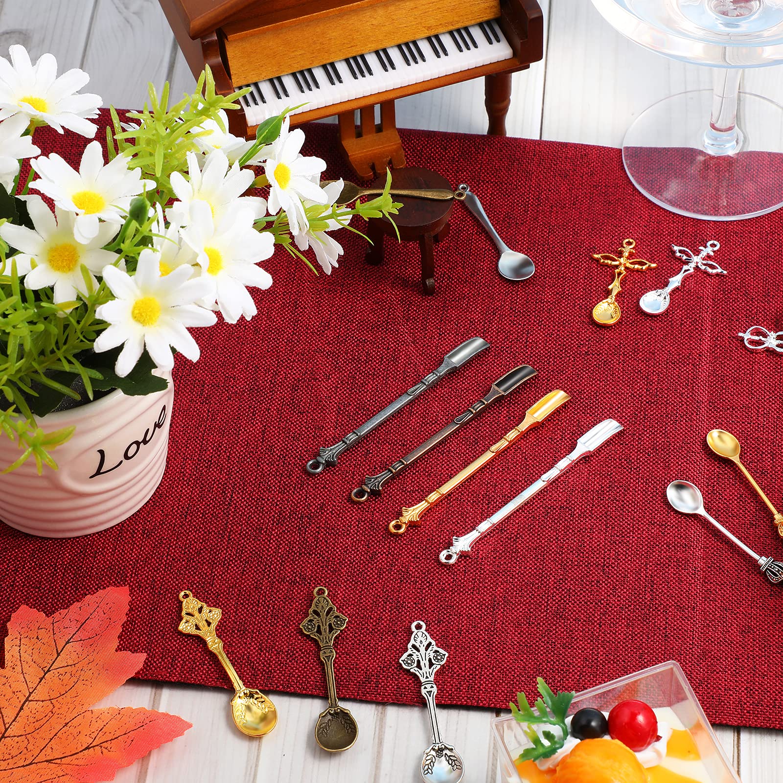 30 Pieces Mini Shovel Medicine Spoon, Mini Shovel Tableware Charm Pendants and Micro Scoops Pendants Alloy Spoon Pendant Charms for Home Supplies Pendants Necklace, 6 Style