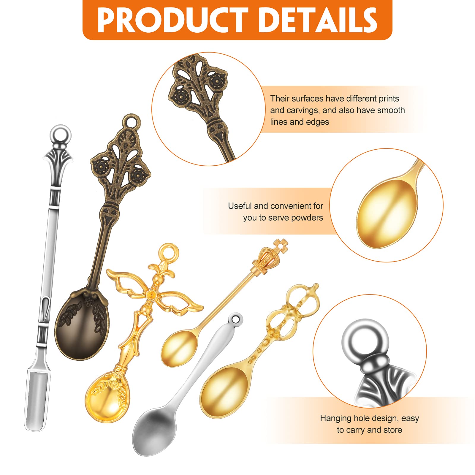 30 Pieces Mini Shovel Medicine Spoon, Mini Shovel Tableware Charm Pendants and Micro Scoops Pendants Alloy Spoon Pendant Charms for Home Supplies Pendants Necklace, 6 Style