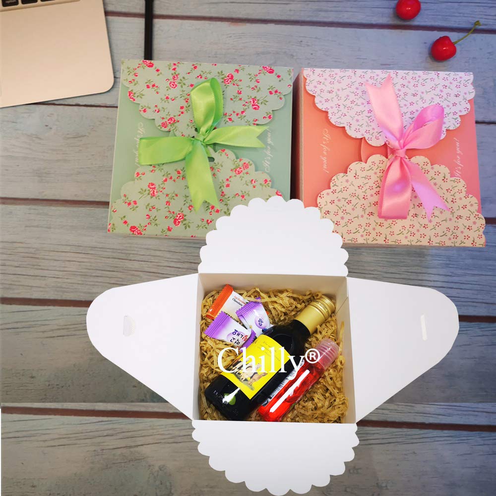 Chilly Gift Treat Boxes 20 Pack Gift Boxes with Ribbons for Cake, Cookies, Goodies, Candy, Handmade Bath Bombs Shower Soaps for Party, Christmas, Birthdays, Weddings (Flower Patterned)
