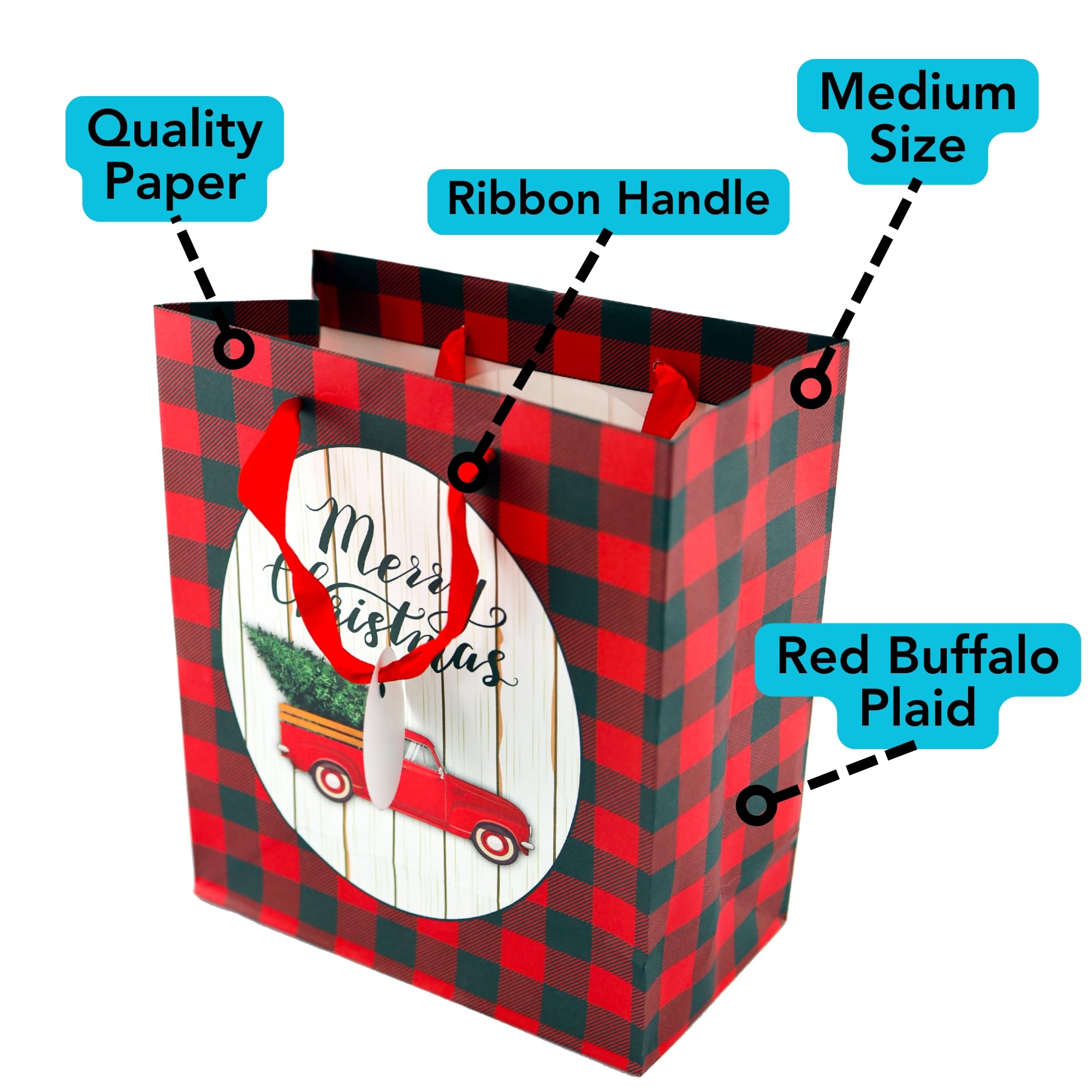 Iconikal Medium Size Christmas Gift Bags, Red Buffalo Plaid with Red Truck, 10-Count Set