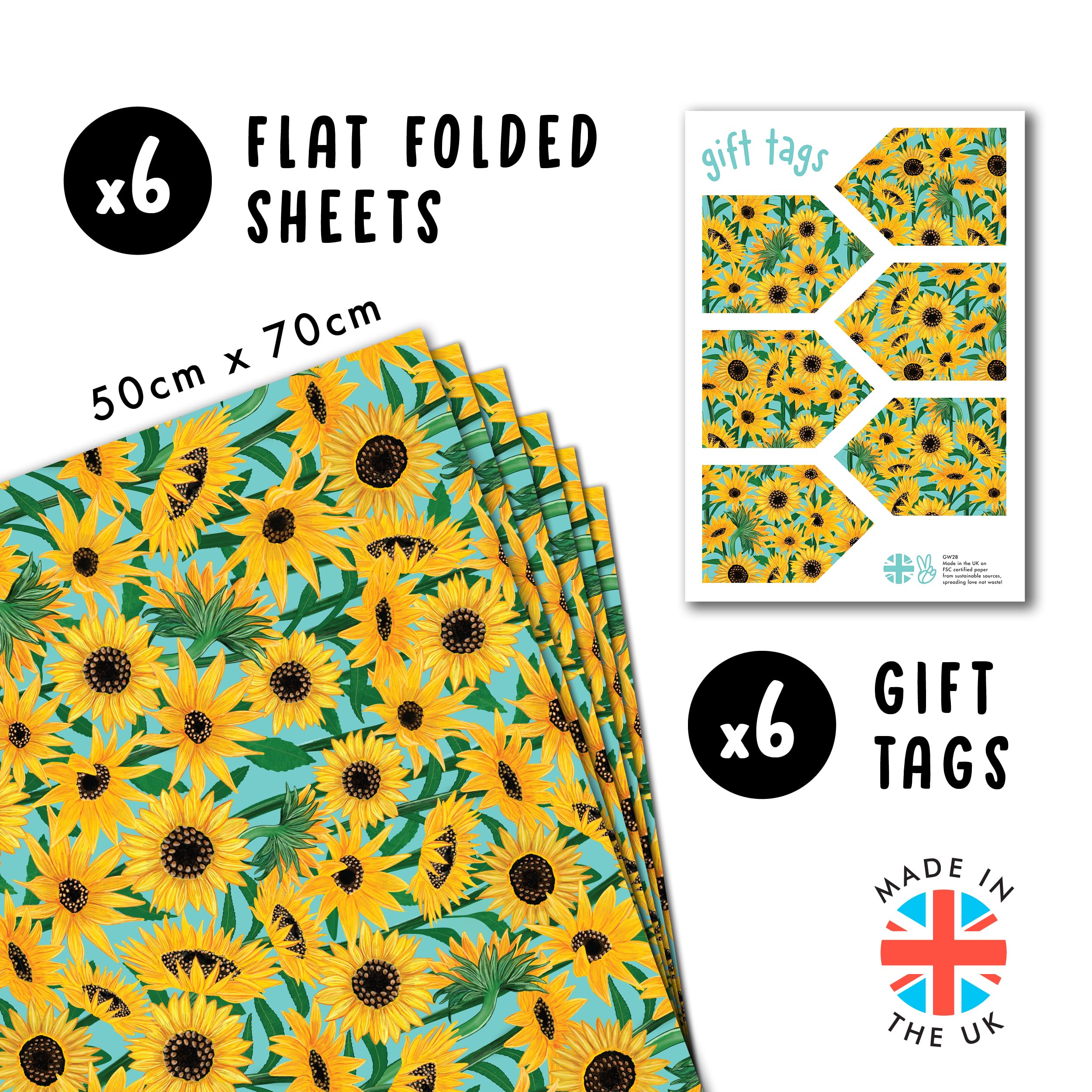 CENTRAL 23 Floral Wrapping Paper - Sunflowers Gift Wrapping Paper - Blue Yellow Boho Vintage - Bridal Shower Gift Wrap - 6 Sheets - For Women Men Birthdays Wedding Easter - Recyclable