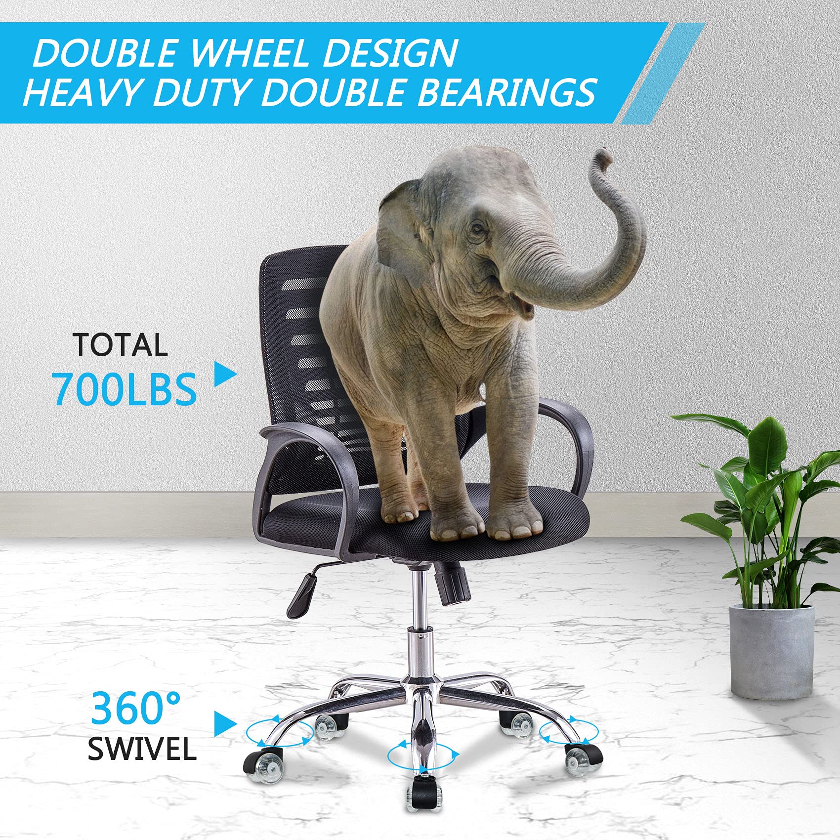 Office Chair Caster Wheels,Set of 5, 2 in Double casters, Twin Ball Bearing Replacement Computer Desk Chair Wheel, Heavy Duty Rubber Caster Smooth Quiet Rolling Safe Protection for All Floors