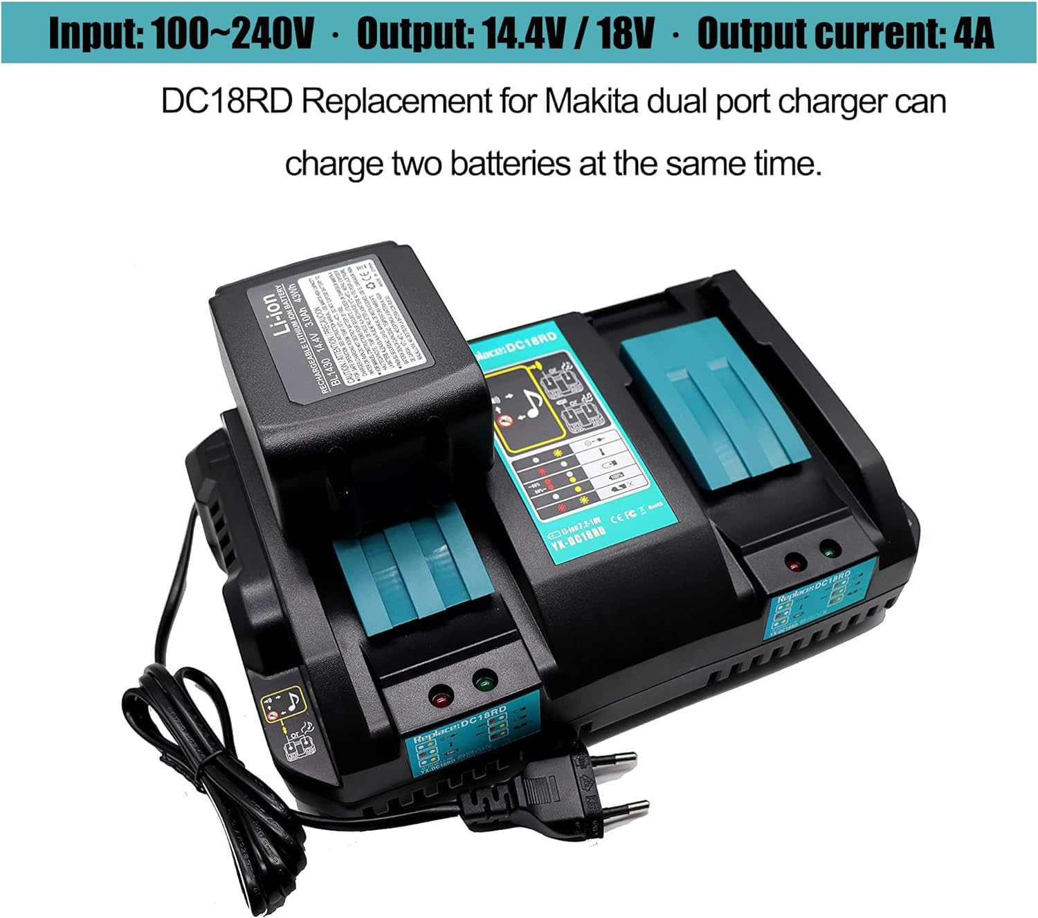 4A DC18RD Charger 18V 14.4V, Compatible with Makita 18V Charger DC18RA DC18RC Lithium-Ion Battery Charger BL1840 BL1850 BL1860 BL1830 BL1830B BL1840B BL1415