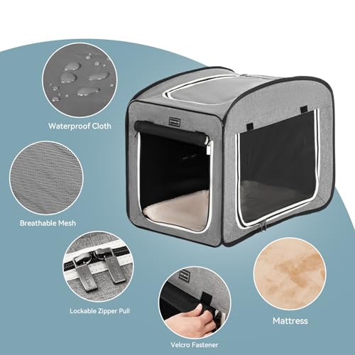 Petsfit Pop Up Dog Crate, Portable Dog Crates for Medium Dogs,Lightweight&Collapsible Pet Cage Cat Kennel, Included Soft Mat and Carrying Case,Grey,Medium