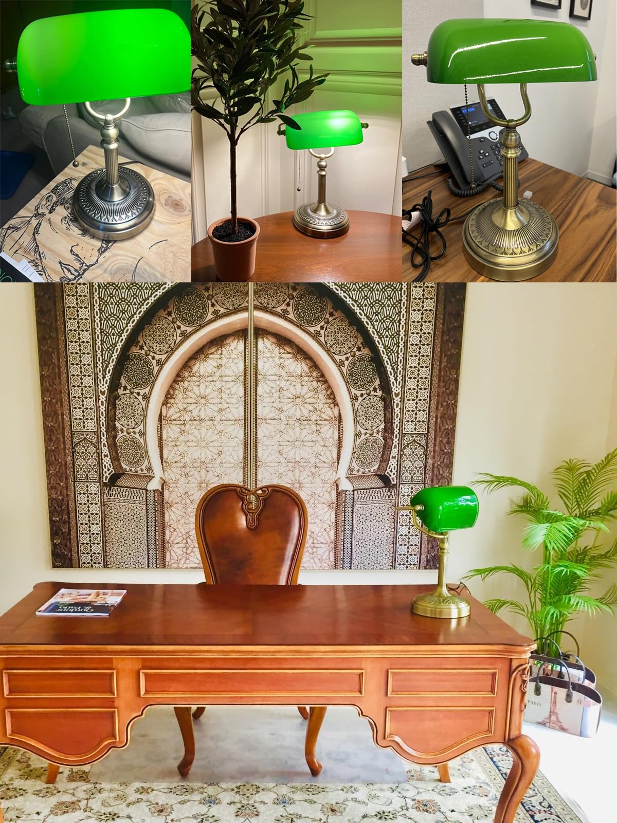 Newrays Green Glass Bankers Desk Lamp with Pull Chain Switch Plug in Fixture