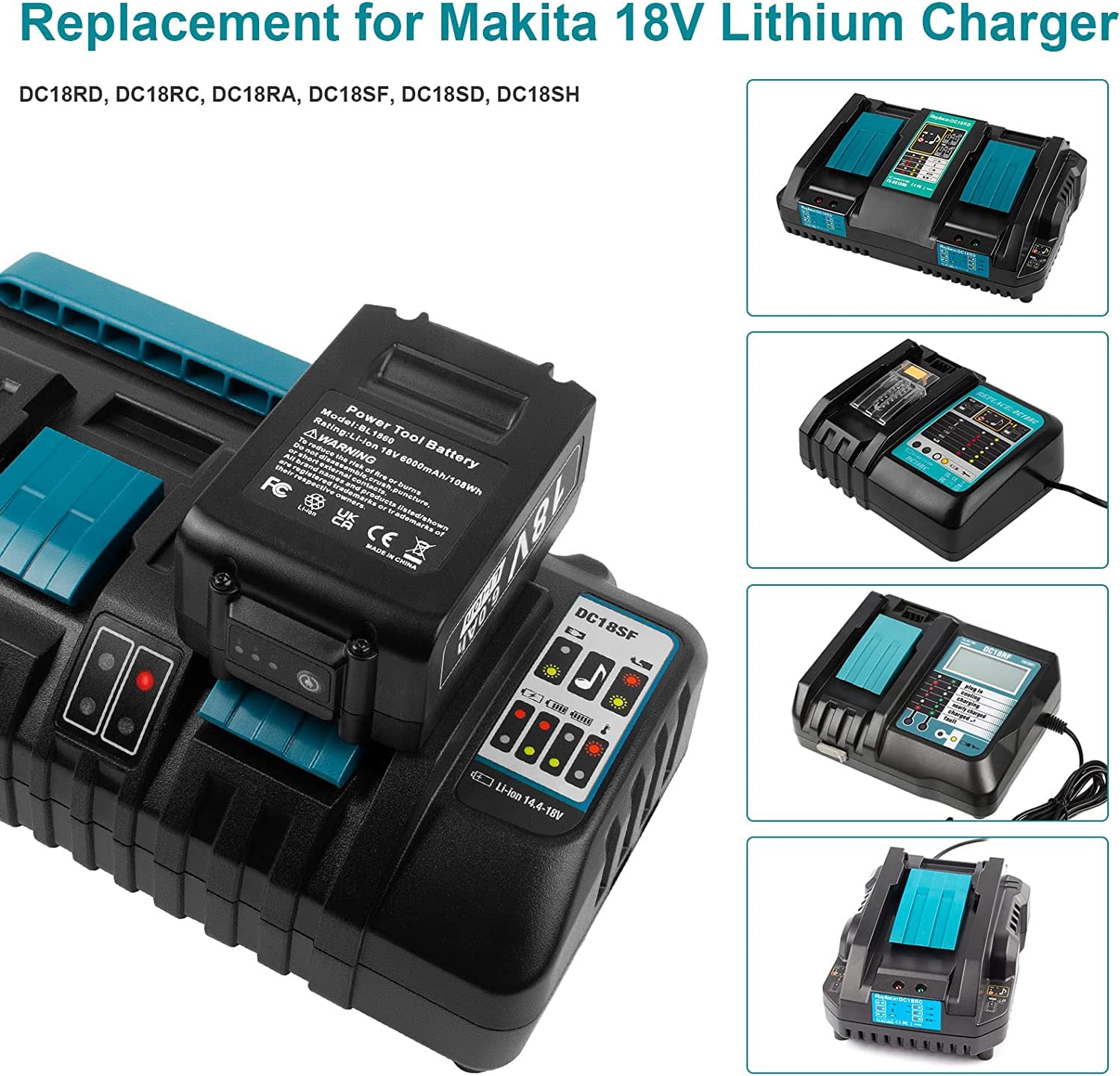 TREE.NB DC18SF 4-Port 18V Rapid Charger Compatible with Makita 14.4V-18V Li-ion Battery BL1830 BL1840 BL1850 BL1860 BL1820B BL1815 BL1430 BL1415, Replace for DC18RC DC18RD Charger