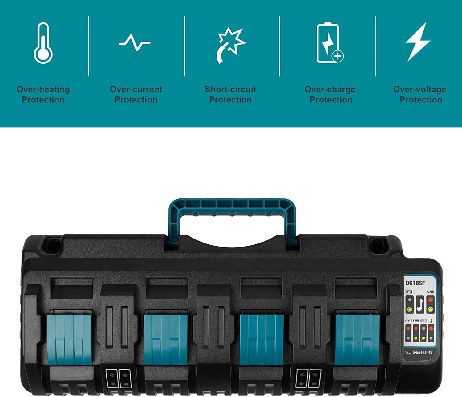 TREE.NB DC18SF 4-Port 18V Rapid Charger Compatible with Makita 14.4V-18V Li-ion Battery BL1830 BL1840 BL1850 BL1860 BL1820B BL1815 BL1430 BL1415, Replace for DC18RC DC18RD Charger