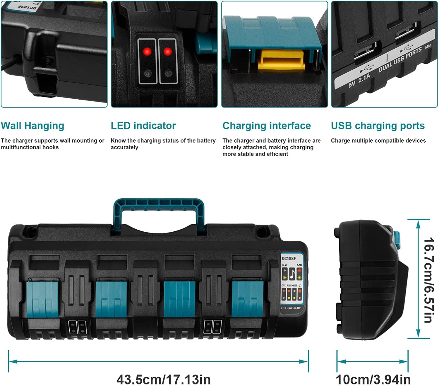 TREE.NB DC18SF 4-Port 18V Rapid Charger Compatible with Makita 14.4V-18V Li-ion Battery BL1830 BL1840 BL1850 BL1860 BL1820B BL1815 BL1430 BL1415, Replace for DC18RC DC18RD Charger