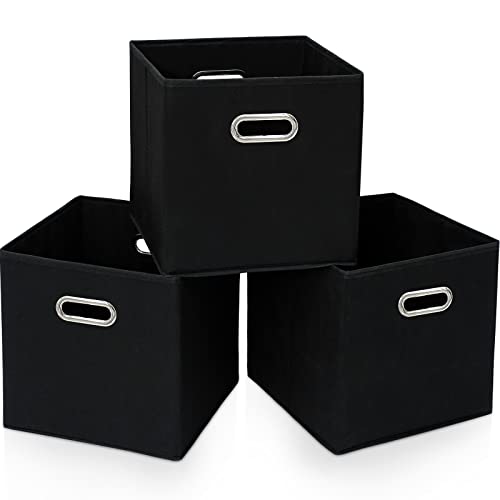 STOREONE 13 Inch Cube Organizer Bins ,Black Fabric Storage Bins，Foldable Storage Bins Basket with Dual Handles Fabric Organizer Bins and Storage Box，Set of 3,Black