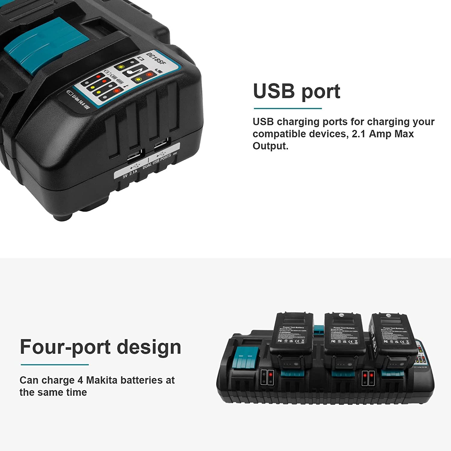 TREE.NB DC18SF 4-Port 18V Rapid Charger Compatible with Makita 14.4V-18V Li-ion Battery BL1830 BL1840 BL1850 BL1860 BL1820B BL1815 BL1430 BL1415, Replace for DC18RC DC18RD Charger
