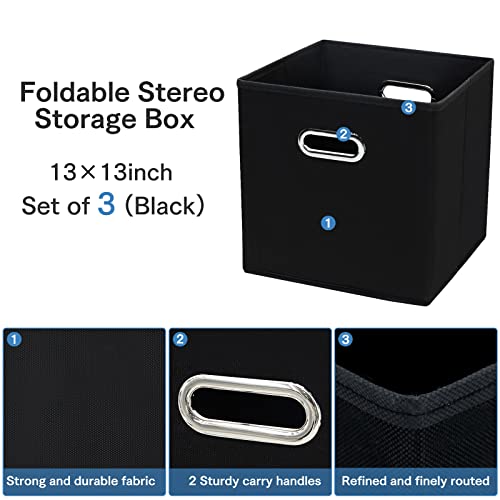 STOREONE 13 Inch Cube Organizer Bins ,Black Fabric Storage Bins,Foldable Storage Bins Basket with Dual Handles Fabric Organizer Bins and Storage Box,Set of 3,Black