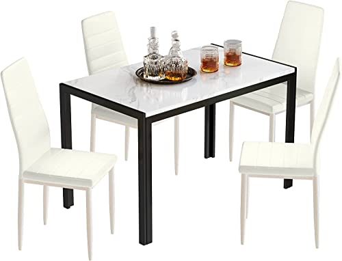 AWQM Marble Dining Table Set for 4, Rectangular Faux Marble Table and 4 PU Leather Chairs, 5 Pieces Kitchen Table Set,Ideal for Living Room, Dining Room,Breakfast Nook, White&Beige