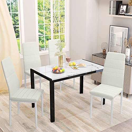AWQM Marble Dining Table Set for 4, Rectangular Faux Marble Table and 4 PU Leather Chairs, 5 Pieces Kitchen Table Set,Ideal for Living Room, Dining Room,Breakfast Nook, White&Beige
