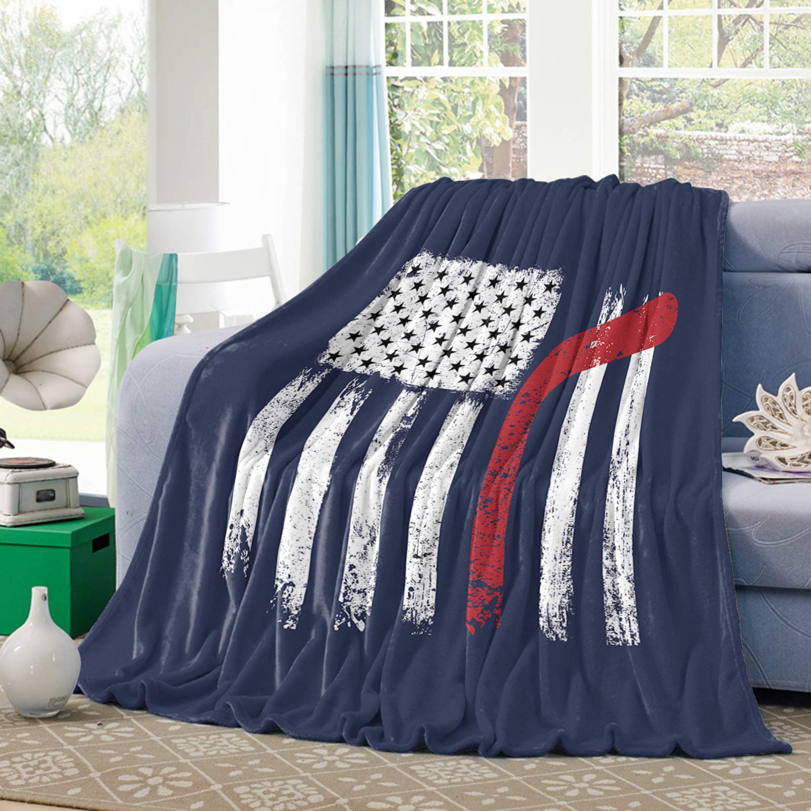 Throw Blanket- Winter Ice Hockey USA Flag Soft Warm Plush Fleece Bed Throw,50x60In Flannel Blankets American Stars Stripes Bedding Throws for Women/Men Bedroom Living Room Office Decor Navy Blue