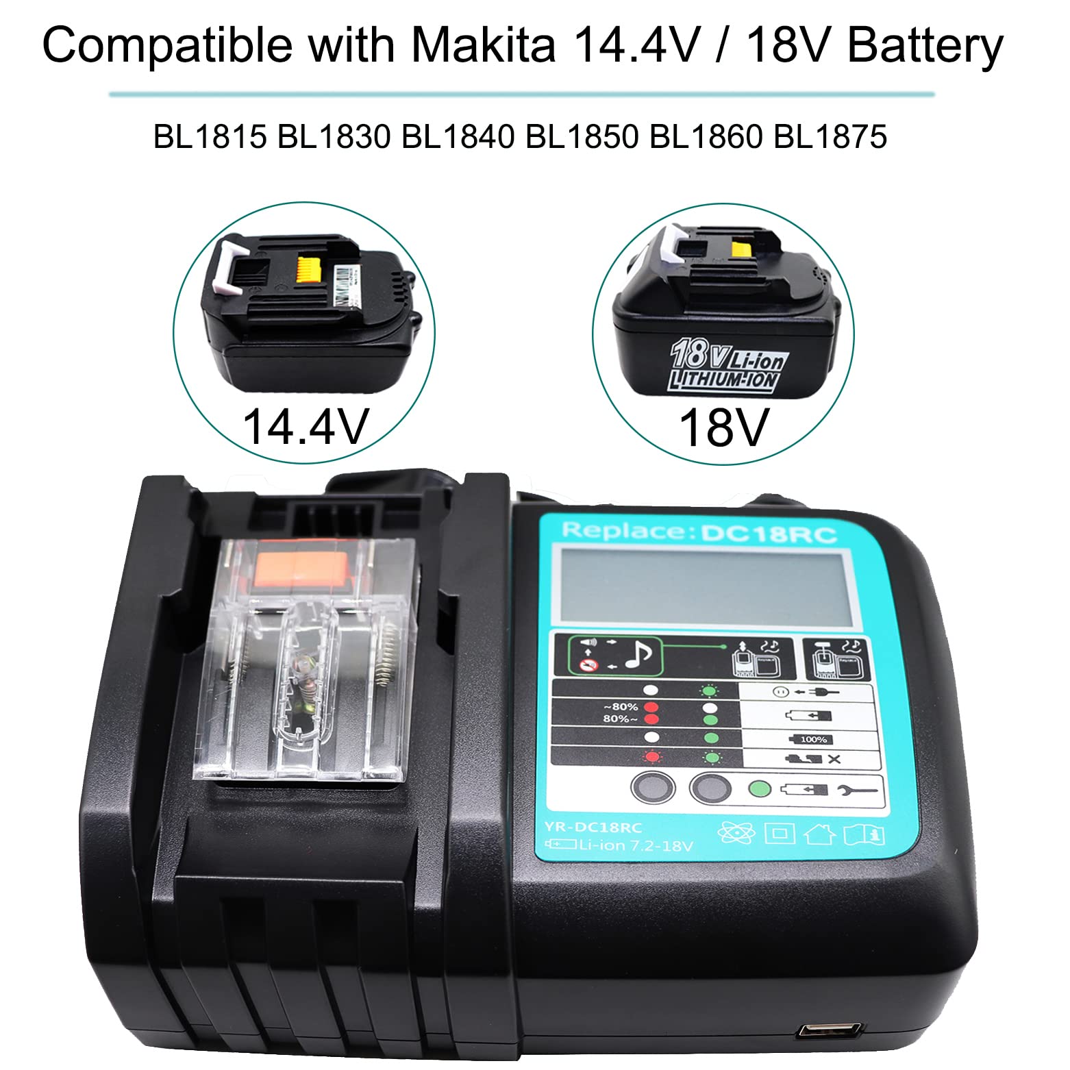 QCZRED 18V DC18RC Charger Compatible with Chargers DC18RD DC18RF DC18SF Suitable for Makita BL1860 BL1850 BL1840 BL1830 BL1815