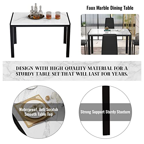 AWQM Marble Dining Table Set for 4, Rectangular Faux Marble Table and 4 PU Leather Chairs, 5 Pieces Kitchen Table Set,Ideal for Living Room, Dining Room,Breakfast Nook, White&Beige