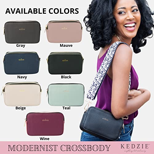KEDZIE Modernist Vegan Leather Crossbody Shoulder Compact Camera Shape Bag For Women With Adjustable Strap - Navy