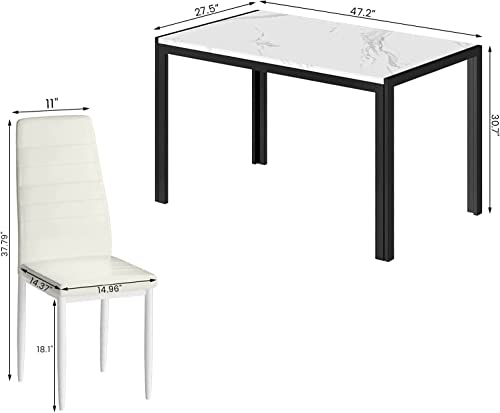 AWQM Marble Dining Table Set for 4, Rectangular Faux Marble Table and 4 PU Leather Chairs, 5 Pieces Kitchen Table Set,Ideal for Living Room, Dining Room,Breakfast Nook, White&Beige